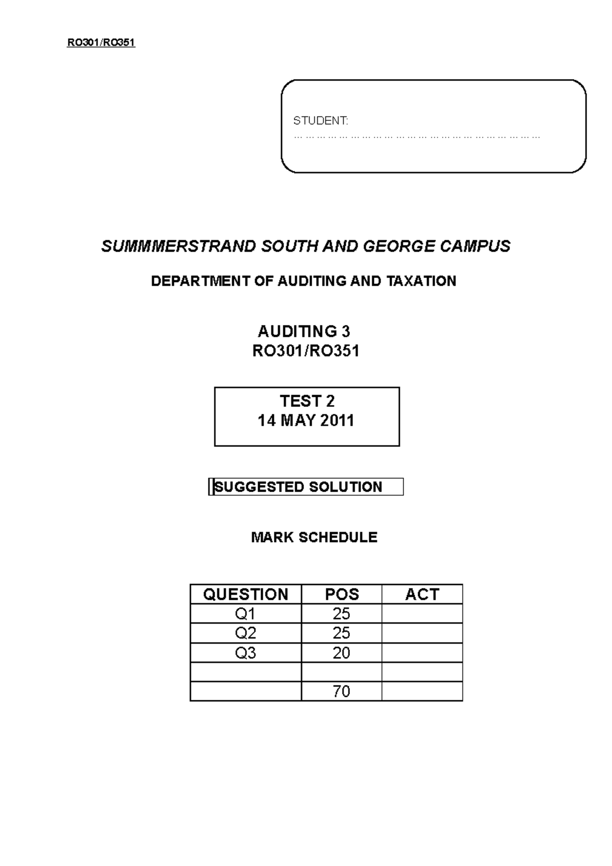 RO301 Test 2 Solutions 2011 - STUDENT: SOUTH AND GEORGE CAMPUS ...