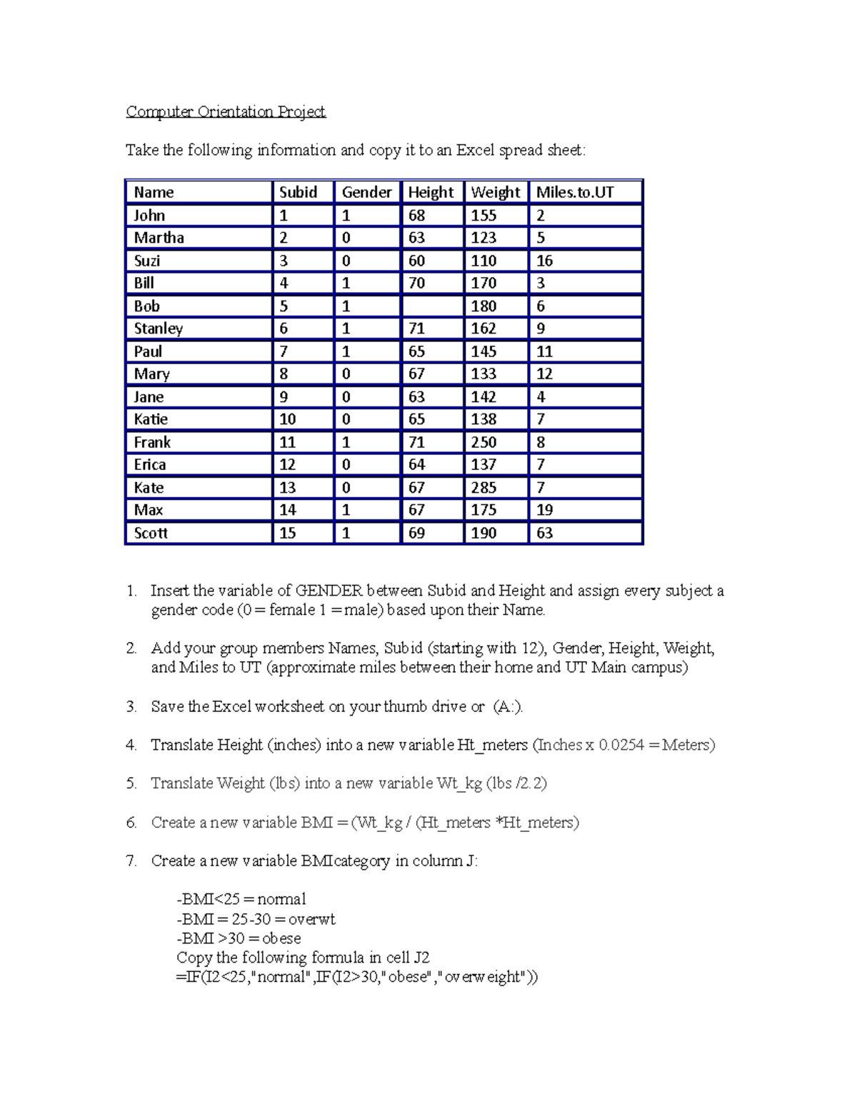 Computer Orientation Project - to John 1 1 68 155 2 Martha 2 0 63 123 5 ...