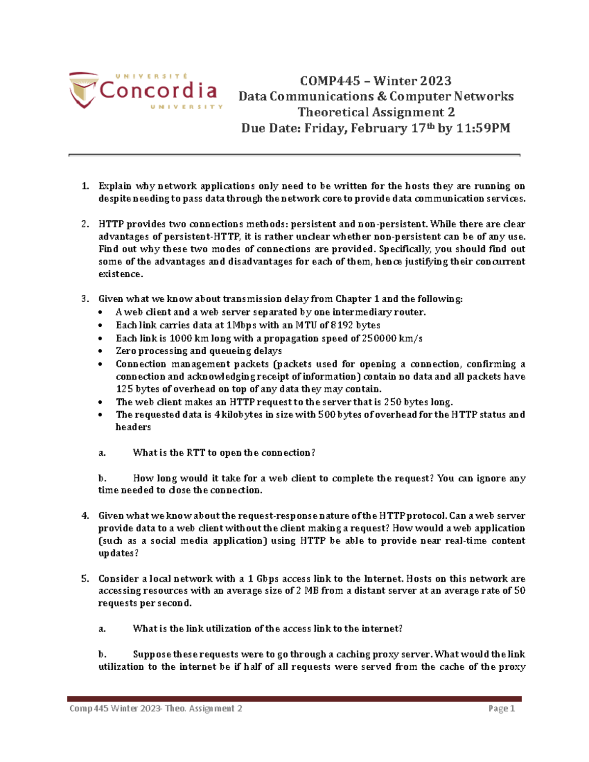 Comp445-W23 TA2 - assignment 1 - Comp 445 Winter 2023- Theo. Assignment 2 Page 1 COMP445 ...