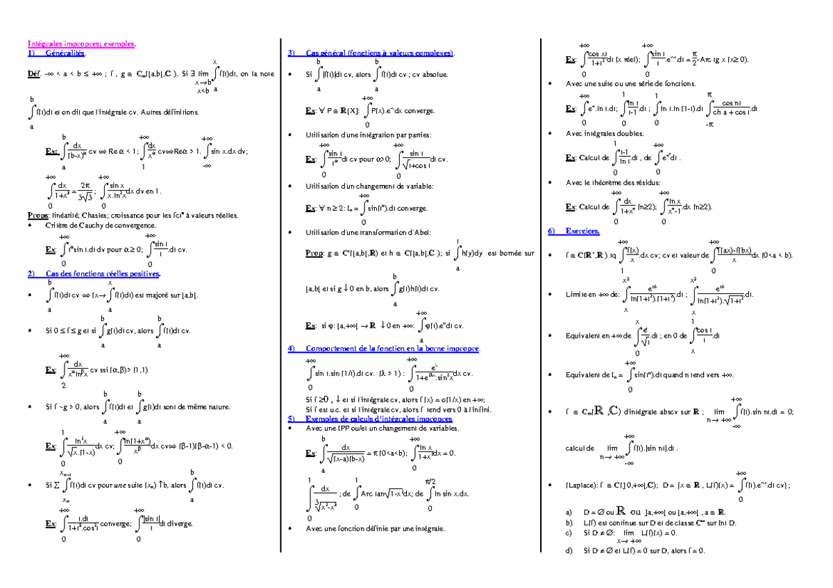 Agrégation : Intégrales impropres - Intégrales impropres; exemples. 1) Généralités. Déf. -∞