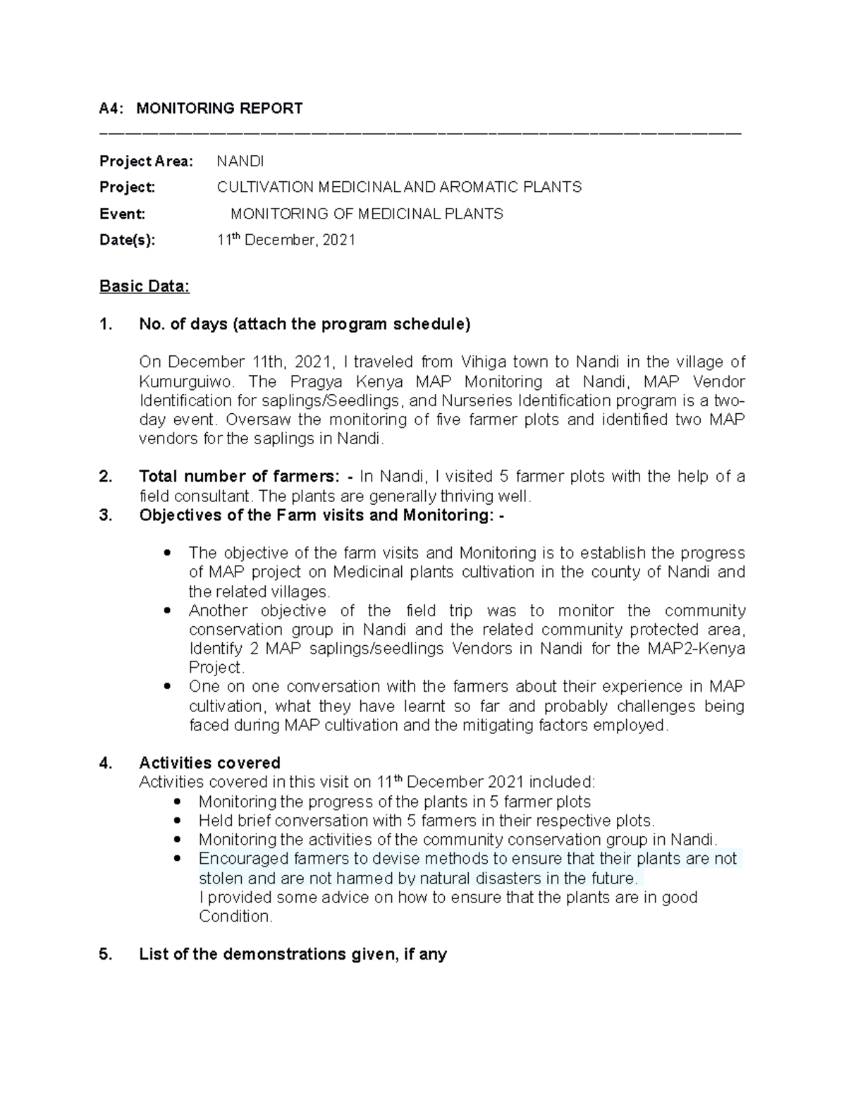 MAP A4 Report-Nandi-11 - A4: MONITORING REPORT Project Area: NANDI ...