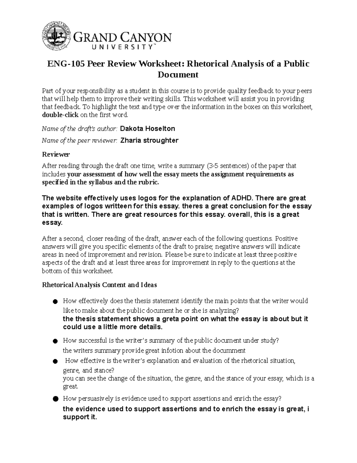 ENG105 Rhetorical Analysis Peer Review Worksheet ONL(1) - ENG-105 Peer ...