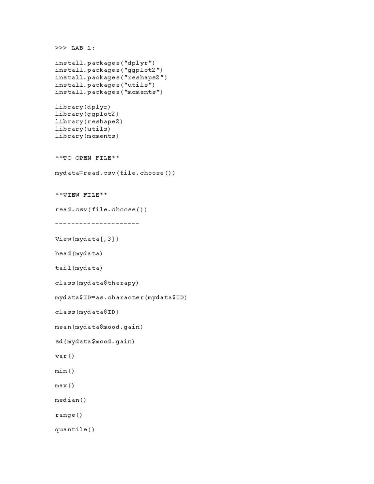 R codes - >>> LAB 1: install("dplyr") install("ggplot2") - Studocu