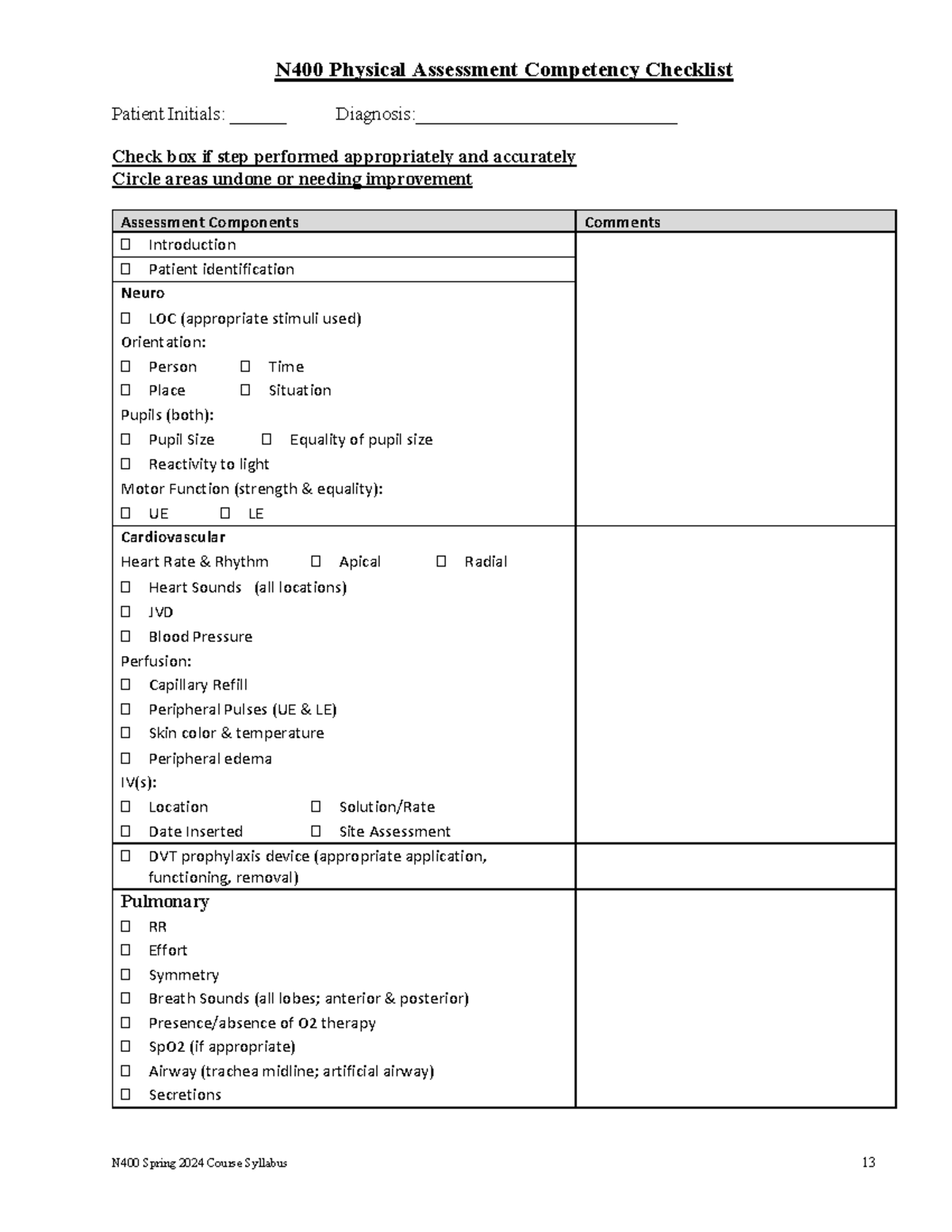 Physical Assessment Checklist - N400 Spring 2024 Course Syllabus 13 ...