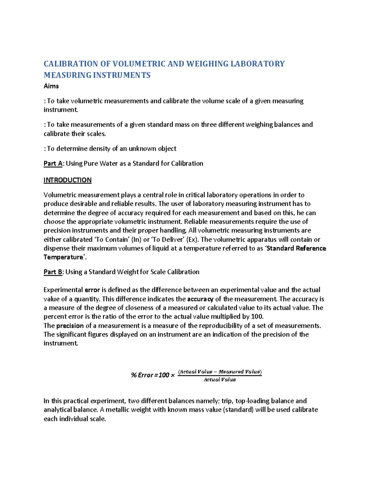 Calibration Practical 2024 - CALIBRATION OF VOLUMETRIC AND WEIGHING ...