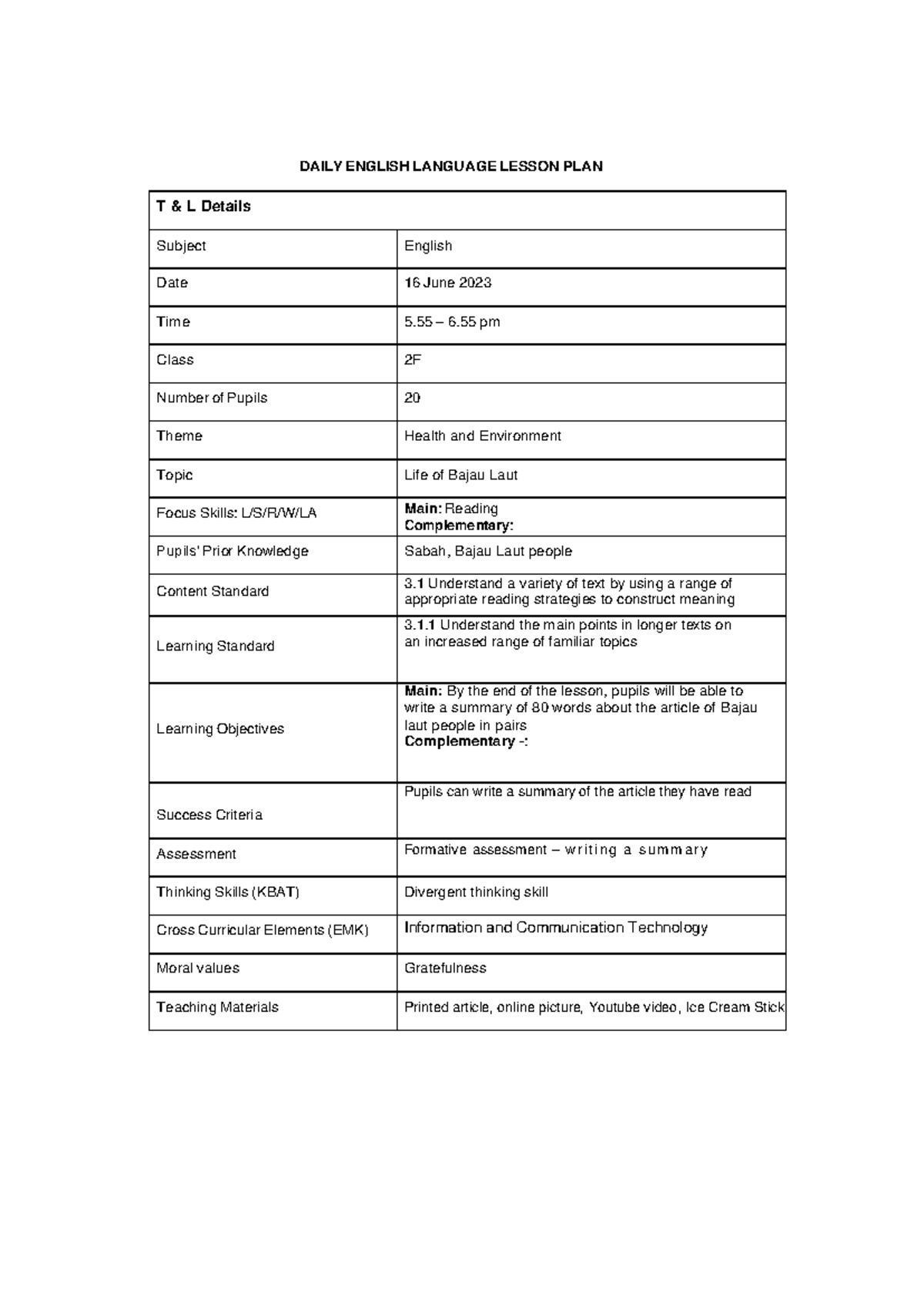 LESSON PLAN FORM 2 - DAILY ENGLISH LANGUAGE LESSON PLAN T & L Details ...