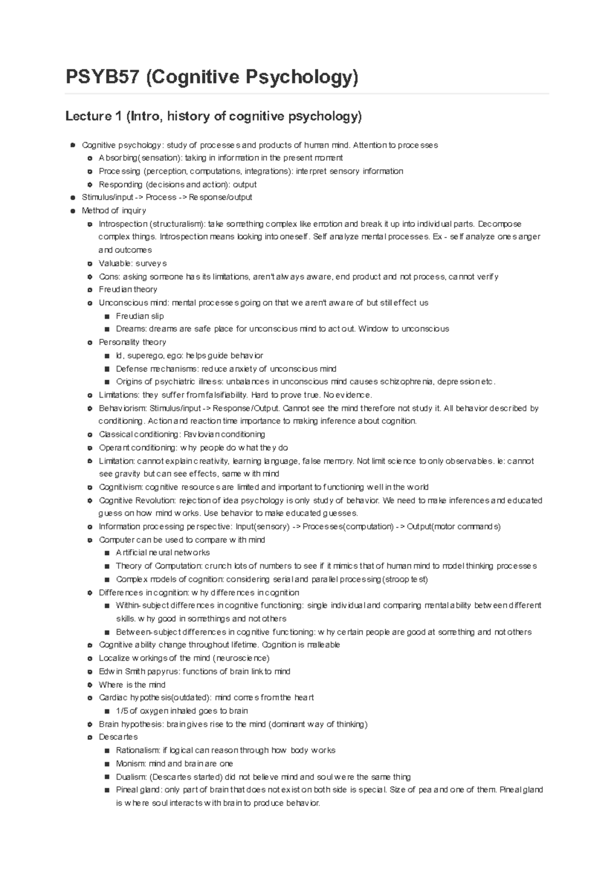 PSYB57 notes - PSYB57 (Cognitive Psychology) Lecture 1 (Intro, history ...