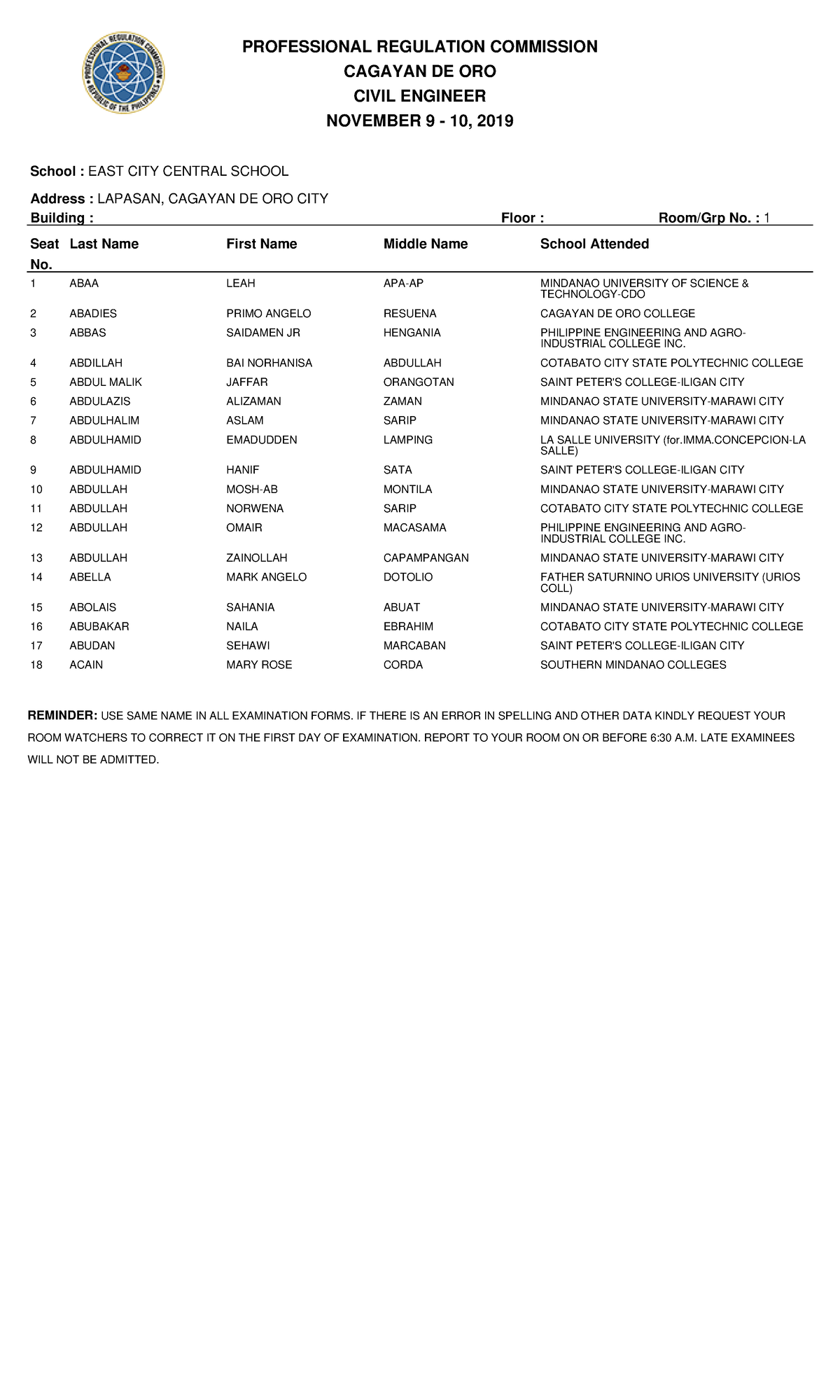 NOV 2019 CE Board EXAM ROOM Assign - CAGAYAN DE ORO CIVIL ENGINEER ...