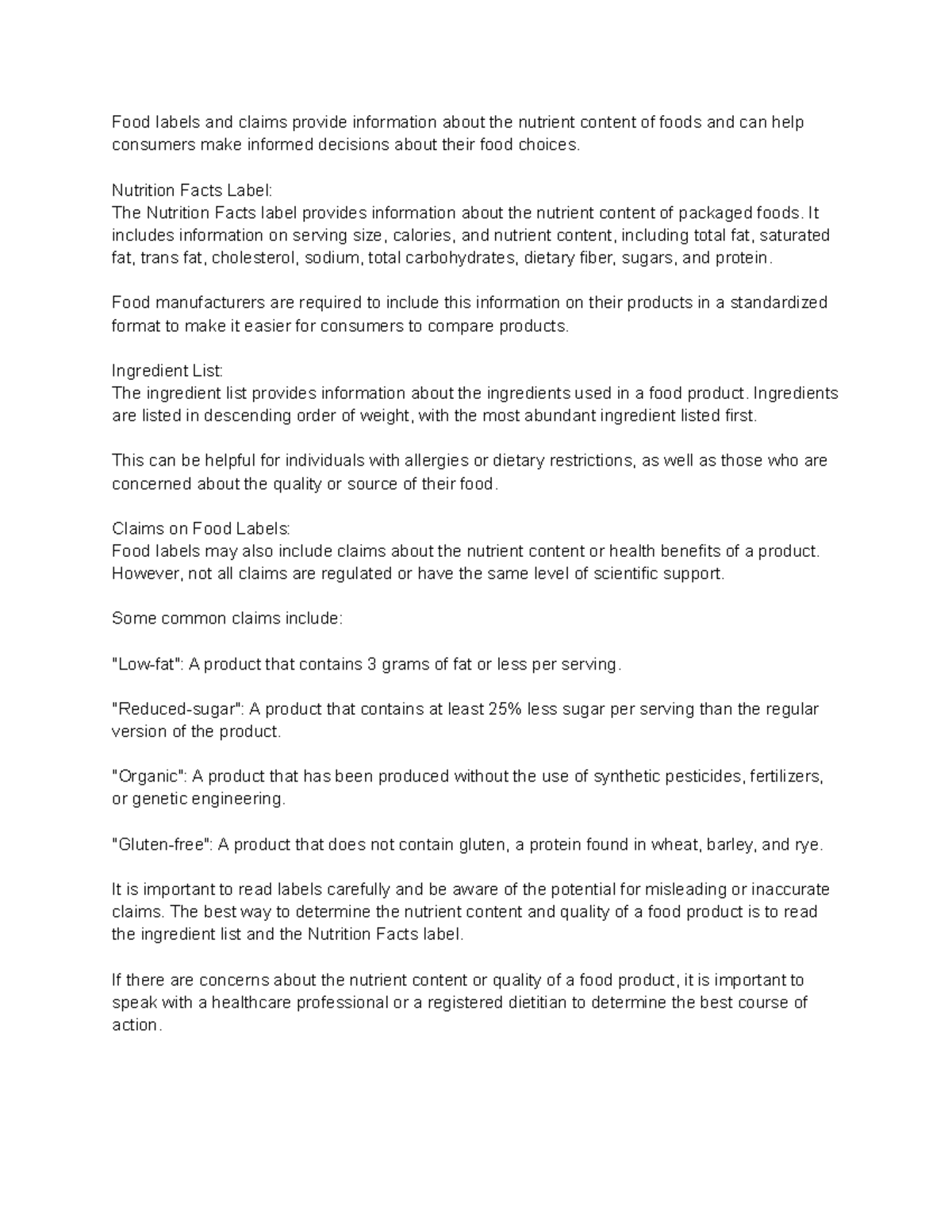 Food Labels and Claims Notes - Food labels and claims provide ...