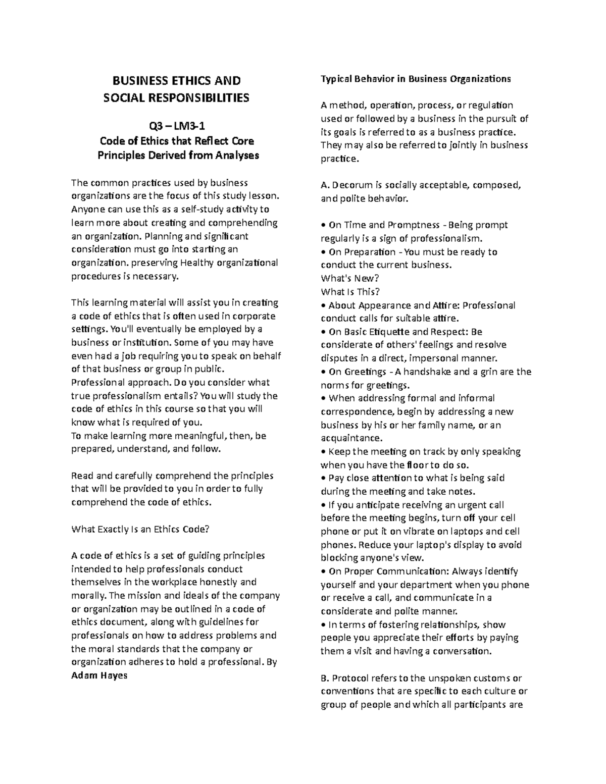 Business Ethics Q3 LM 3-1 - BUSINESS ETHICS AND SOCIAL RESPONSIBILITIES ...