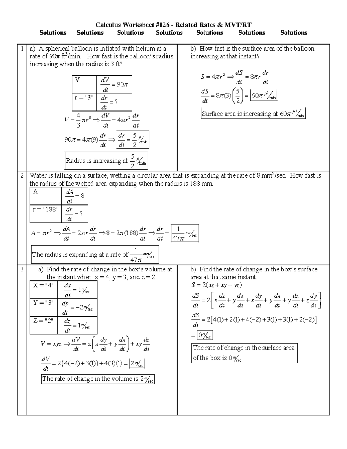 Calculus Worksheet 126 solutions - Calculus Worksheet #126 - Related ...