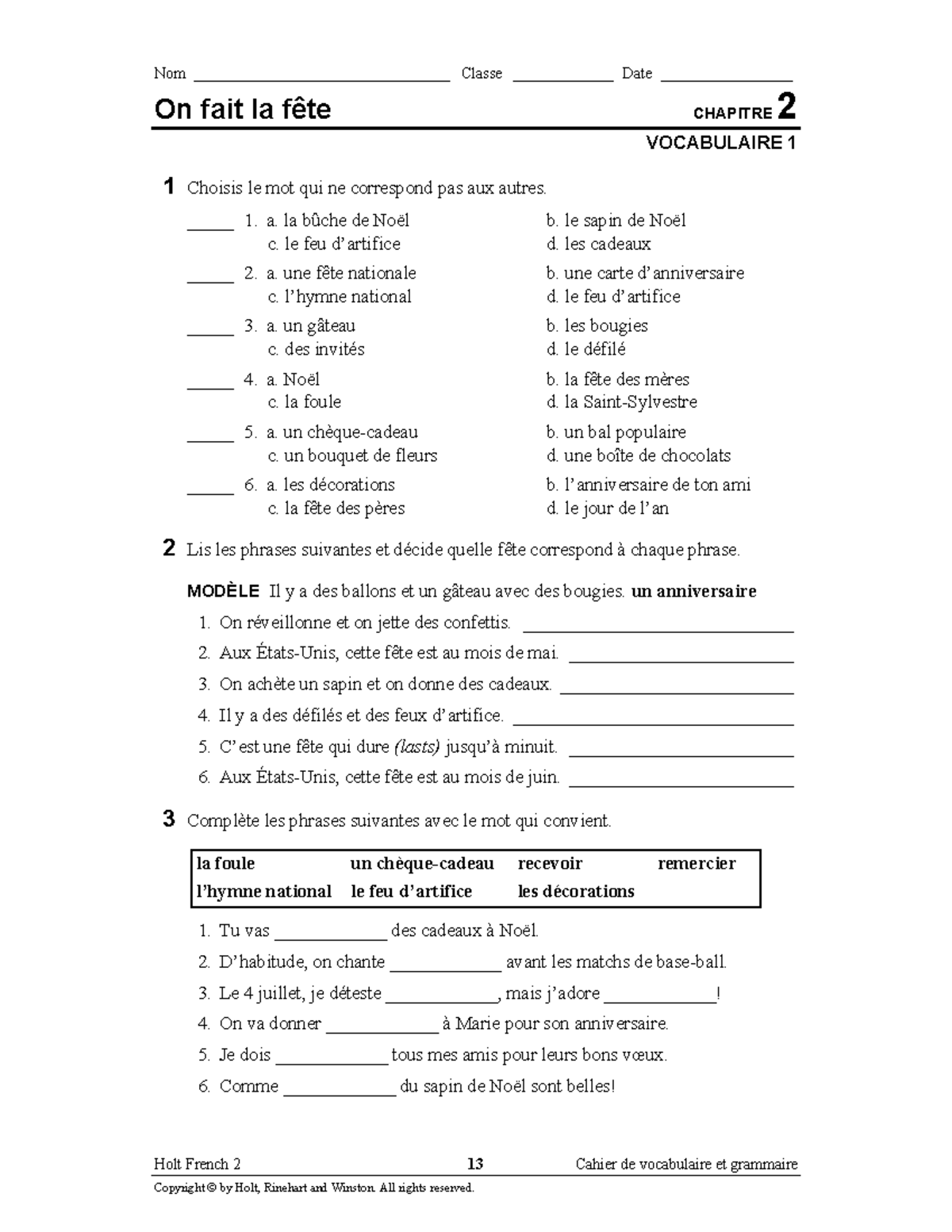 Hi - These notes are - On fait la fête CHAPITRE 2 VOCABULAIRE 1 1 ...