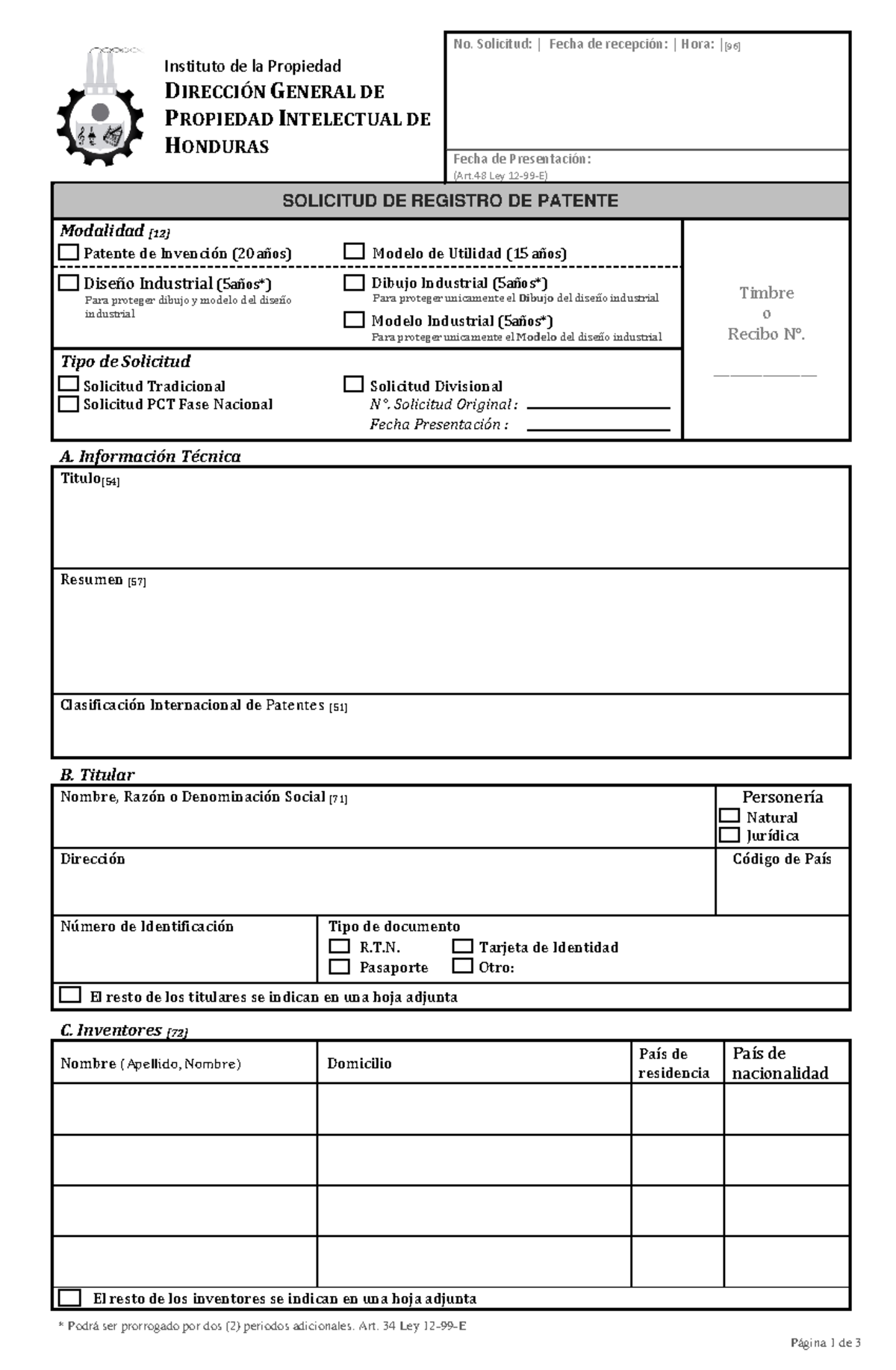 FP01 Solicitud de Registro de Patente - Página 1 de 3 No. Solicitud ...