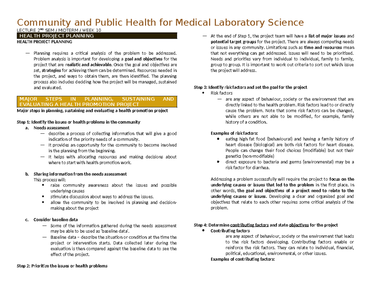 WEEK 10 - Health Project Planning - Community and Public Health for ...