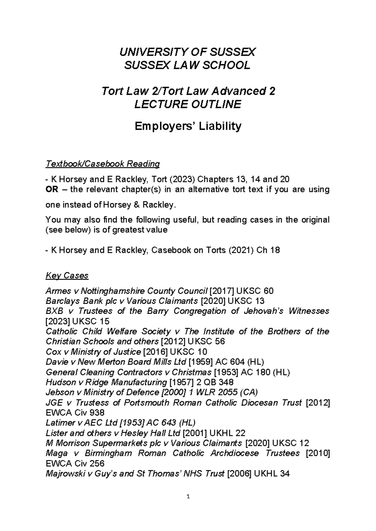Empl Liability Lecture Outline 2023 - UNIVERSITY OF SUSSEX SUSSEX LAW ...