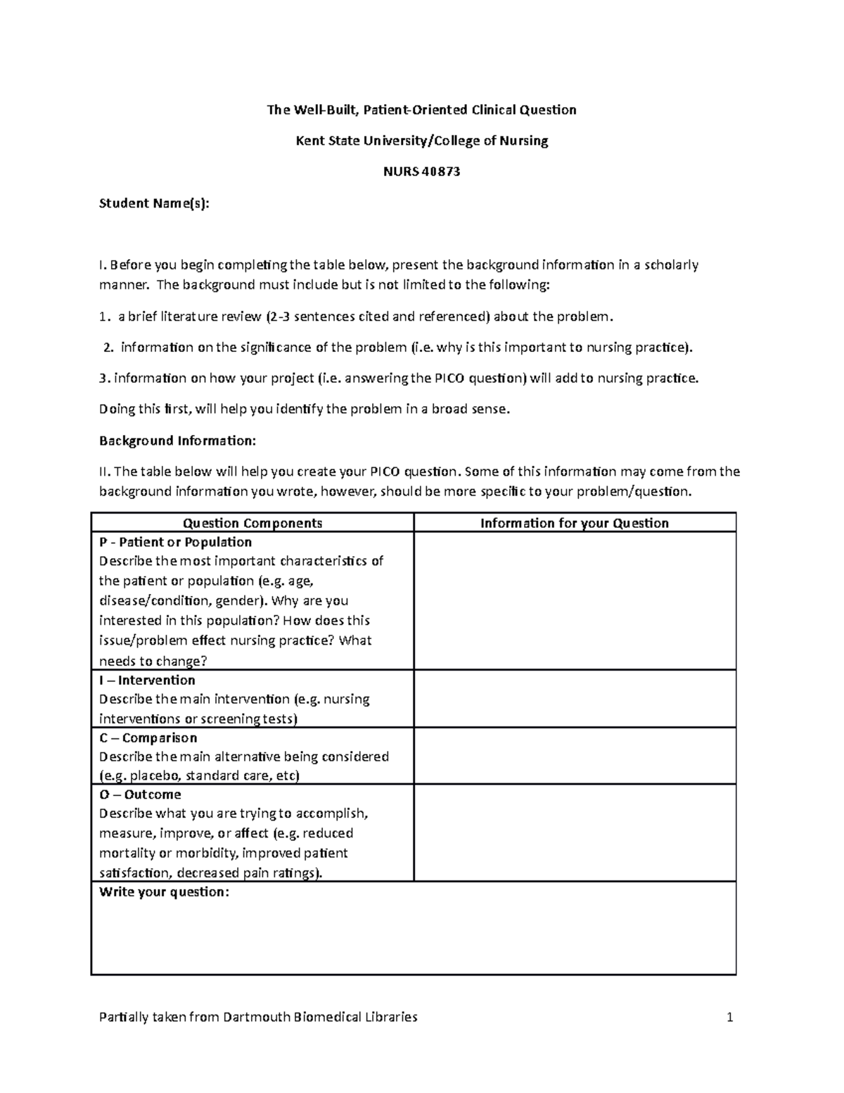 2020 PICO Question Worksheet - The Clinical Question Kent State of ...