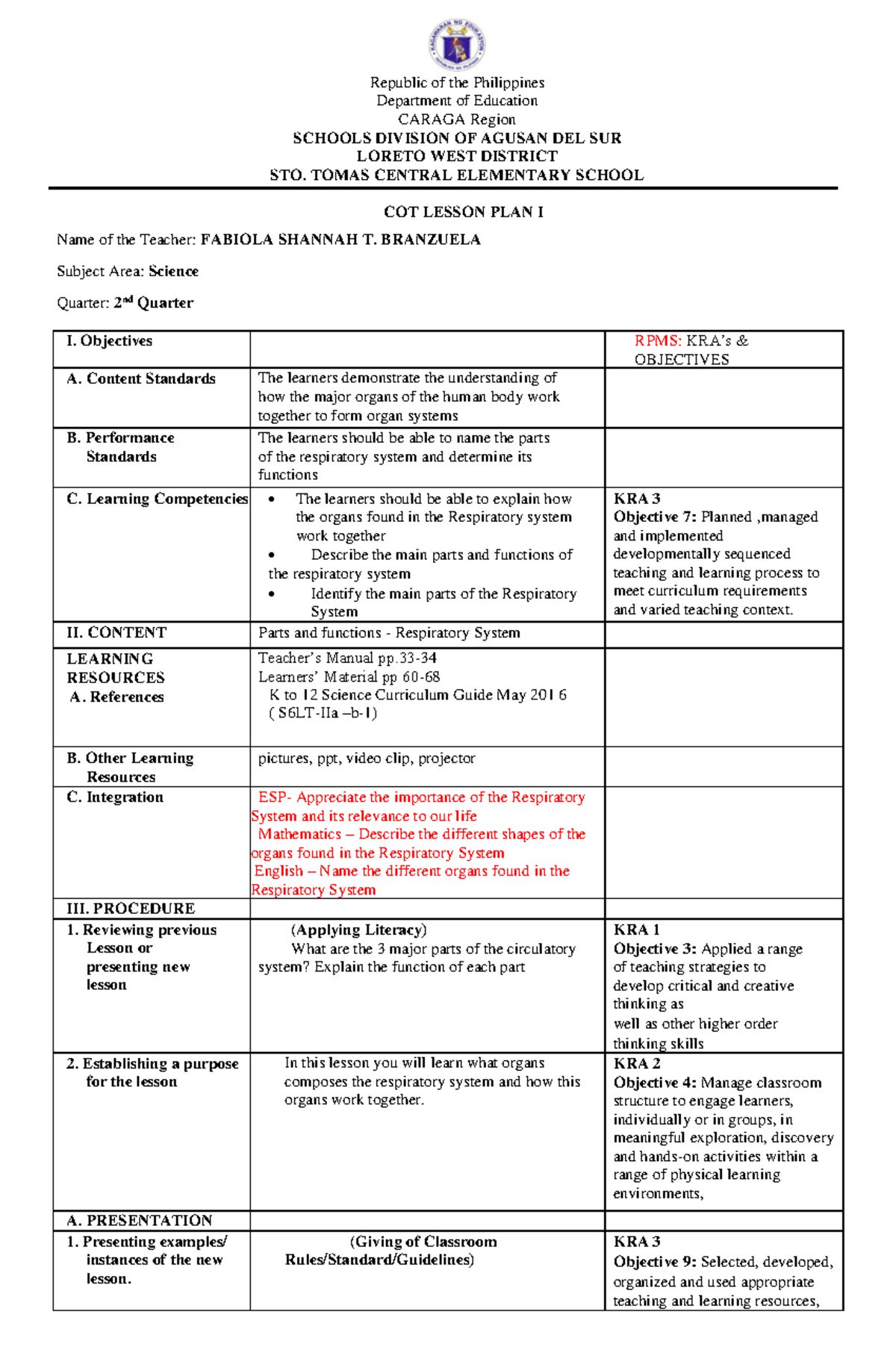 COT12022 Lesson Plan - Lecture notes 1 - Republic of the Philippines ...
