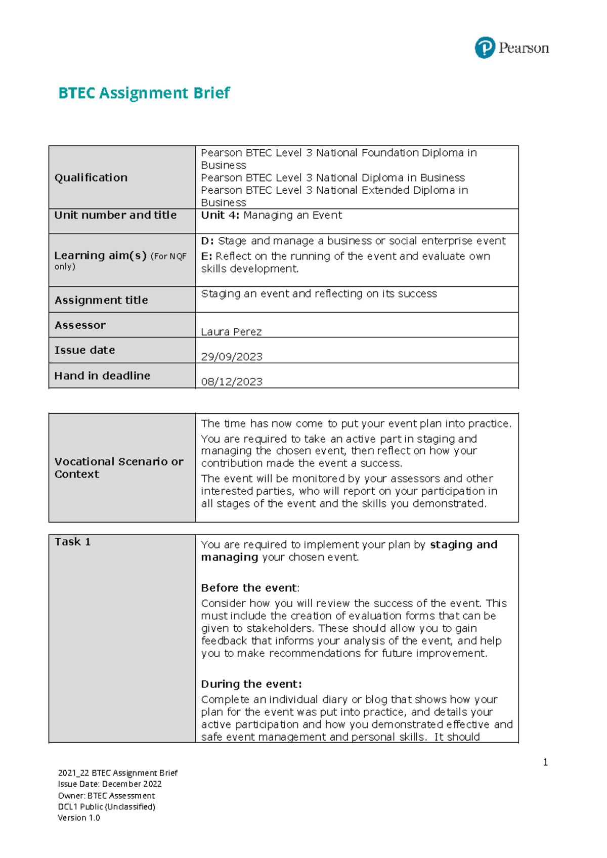 - BTEC Assignment Brief- Unit 4- BTEC Assignment Brief Qualification ...