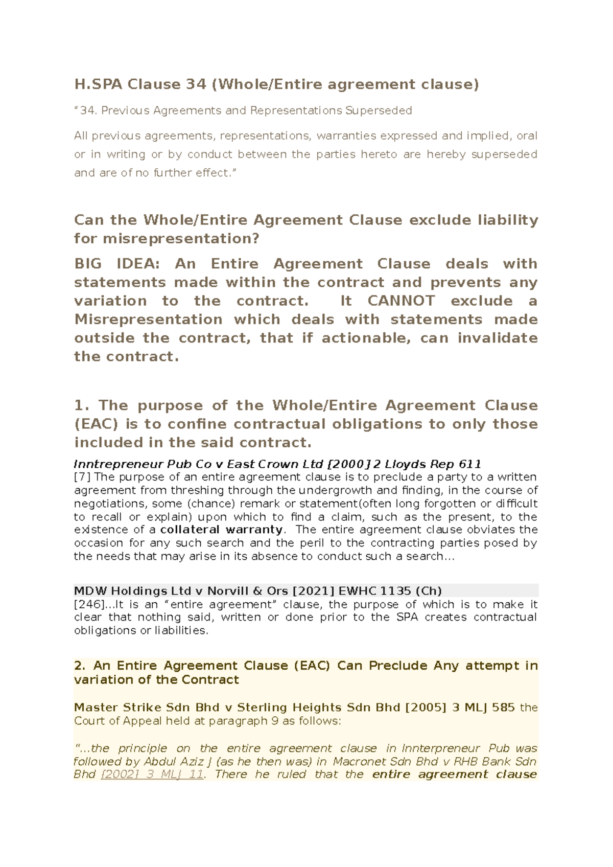 Entire Agreement Clause and Misrepresentation - H Clause 34 (Whole ...