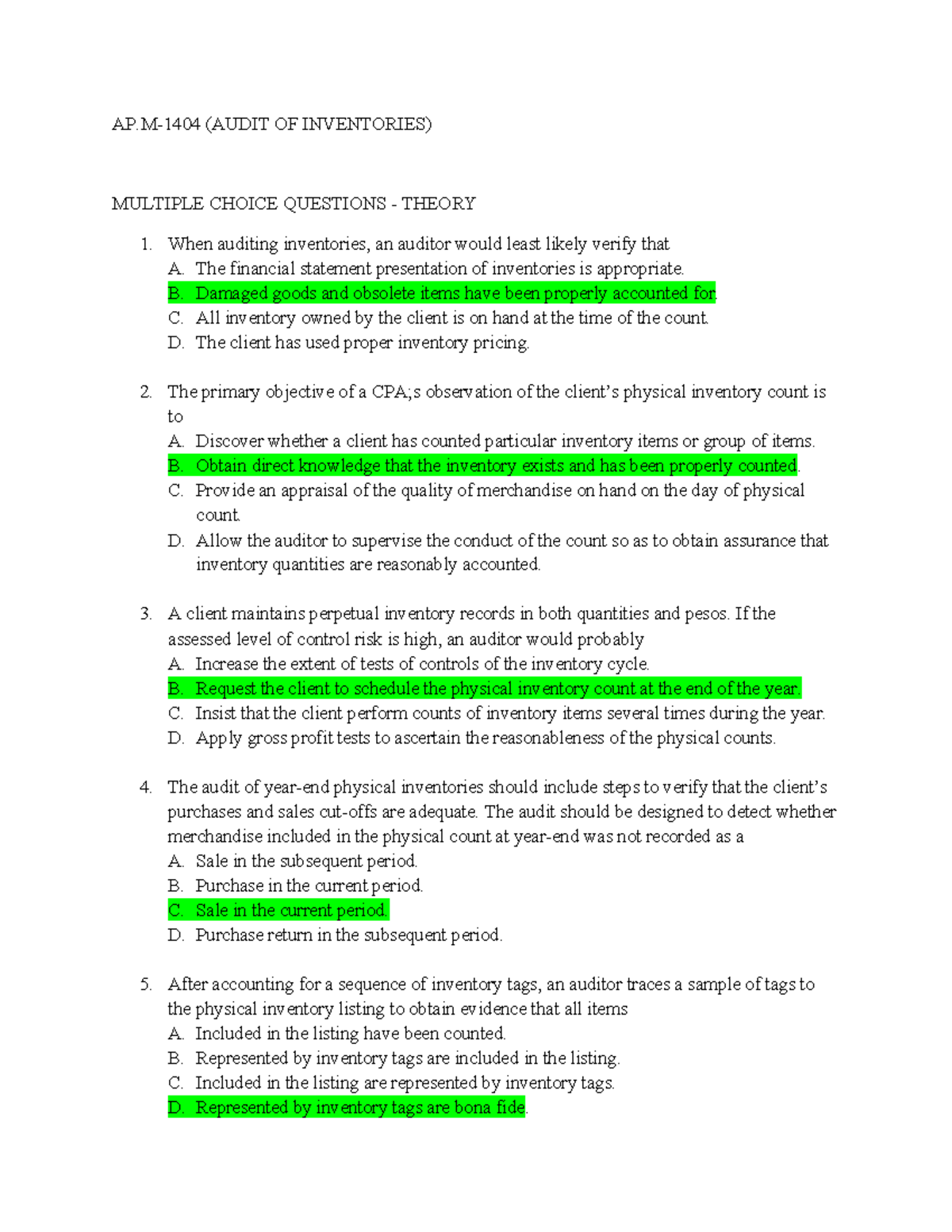Ap - Audit of receivables - AP-1404 (AUDIT OF INVENTORIES) MULTIPLE ...