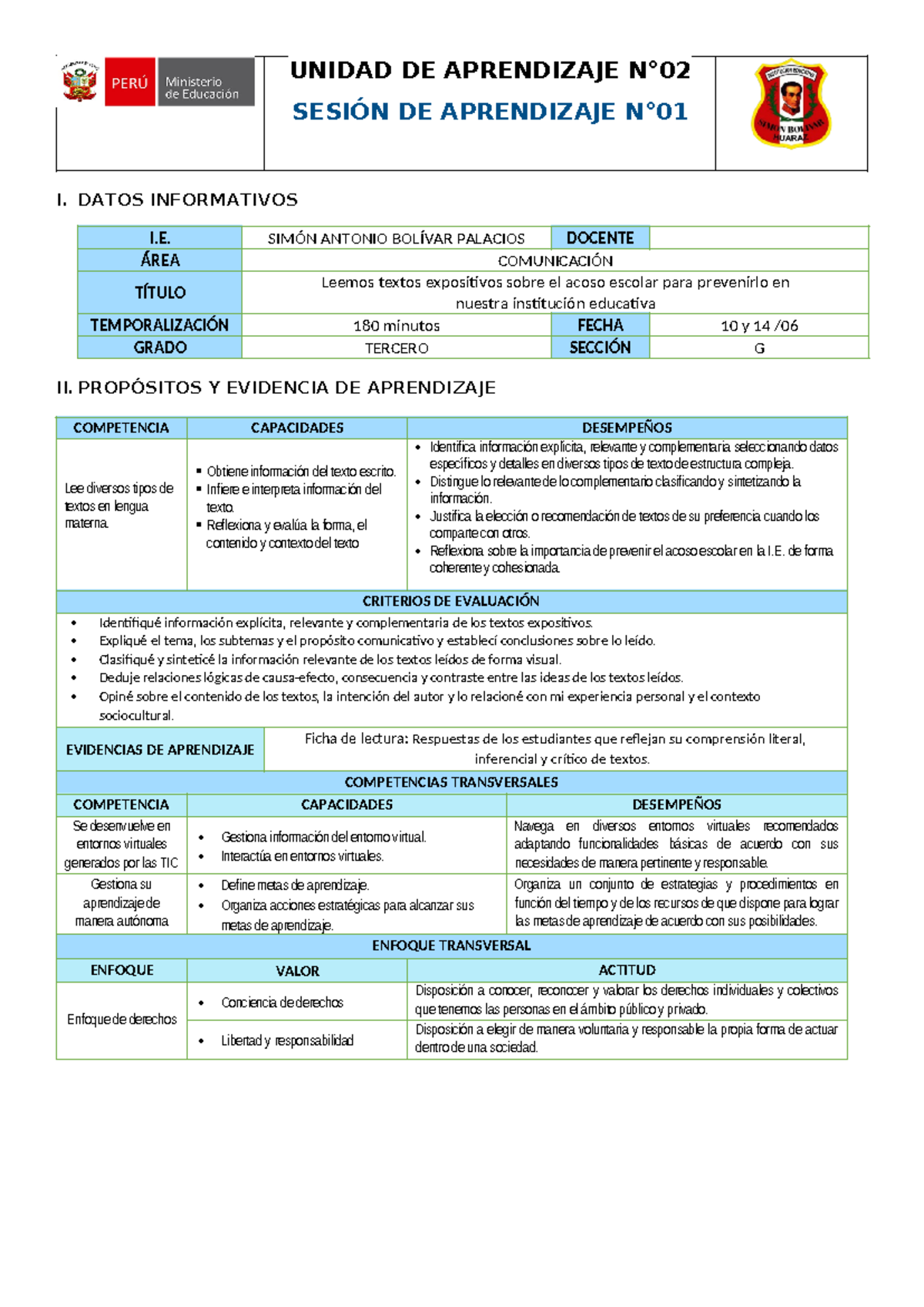 Leemos sobre el acoso - UNIDAD DE APRENDIZAJE N° SESIÓN DE APRENDIZAJE N° I. DATOS INFORMATIVOS ...
