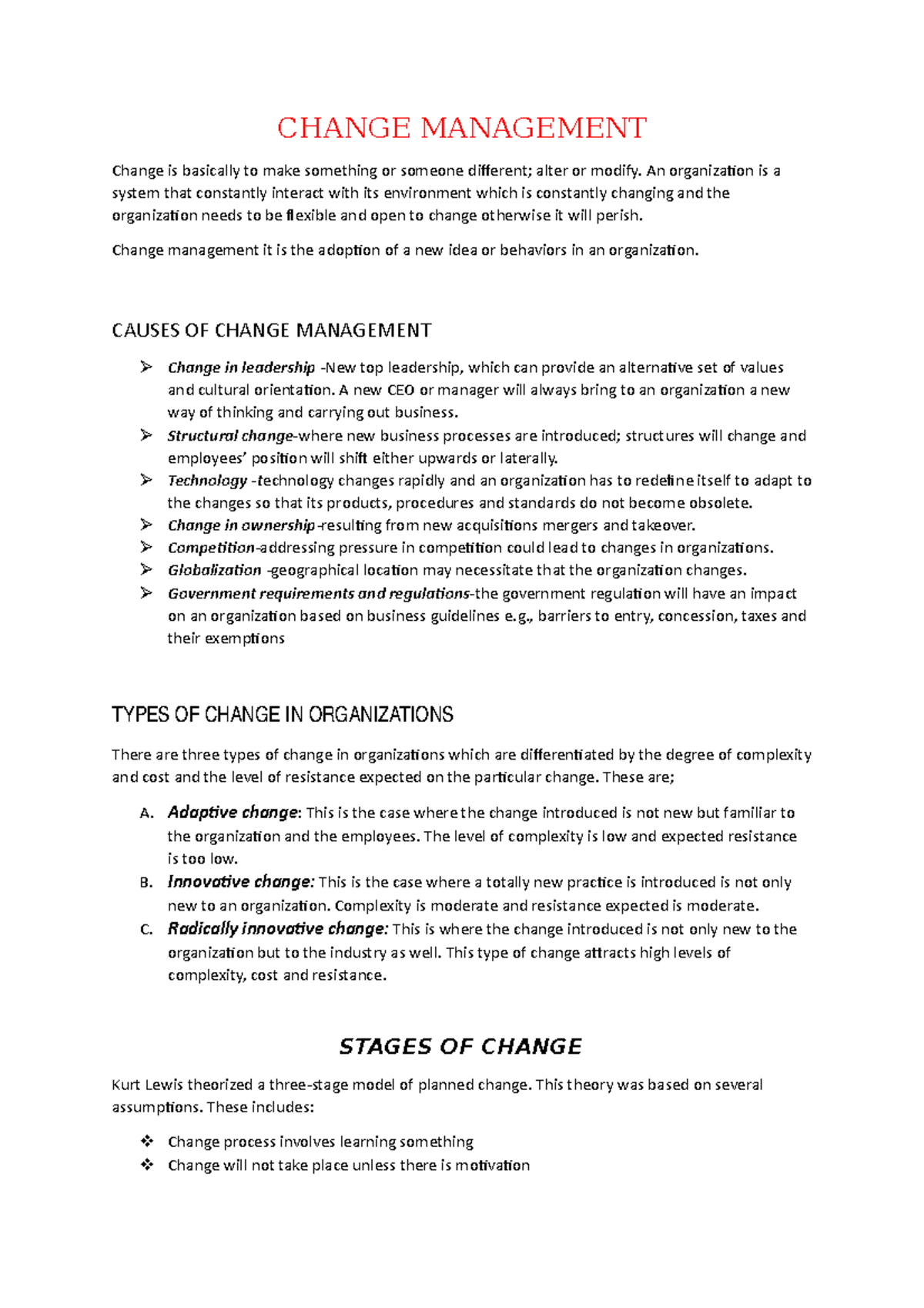 Change Management - Lecture notes 34 - Mater of Business Administration ...