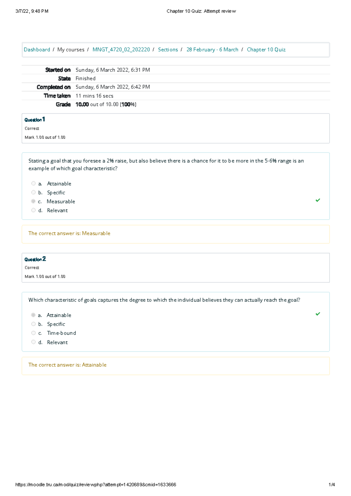 Chapter 10 Quiz Attempt review - Dashboard / My courses / MNGT_4720_02 ...