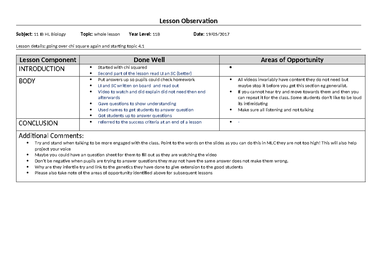 Bio 11 1B - Comprehensive Lesson Plan Review - Lesson Observation ...