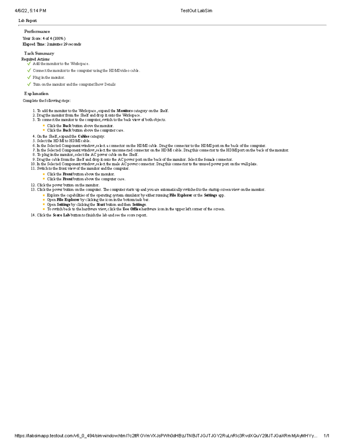 Connecting a Monitor - Test Out Lab Sim Results - 4/6/22, 5:14 PM ...