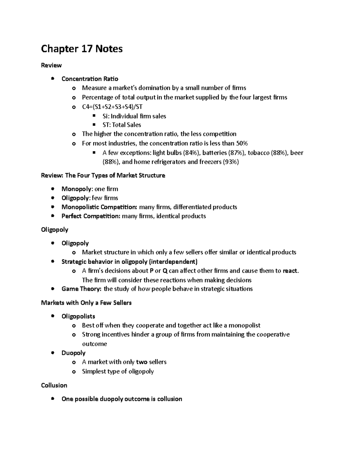 Microeconomics Chapter 17 Notes - Chapter 17 Notes Review Concentration ...