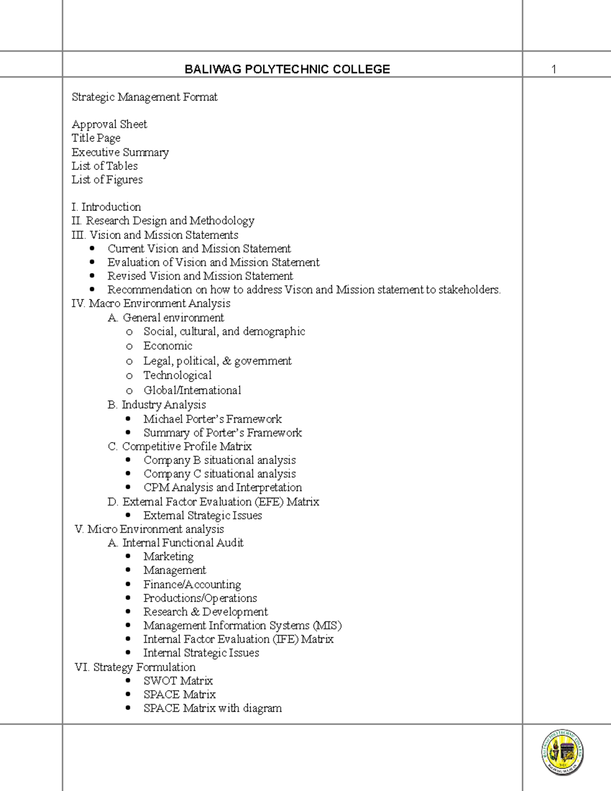 Strama Format - BALIWAG POLYTECHNIC COLLEGE Strategic Management Format ...