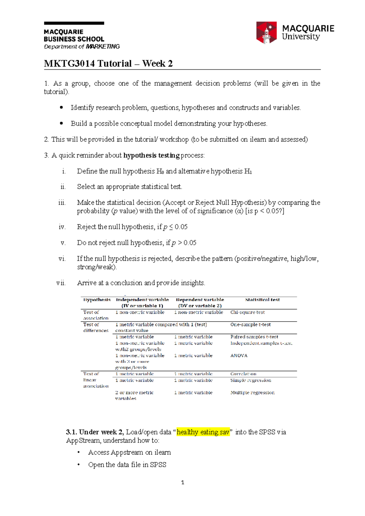 MKTG3014 Tutorial – Week 2 (ilearn) - Department of MARKETING MKTG3014 Tutorial – Week 2 1. As a ...