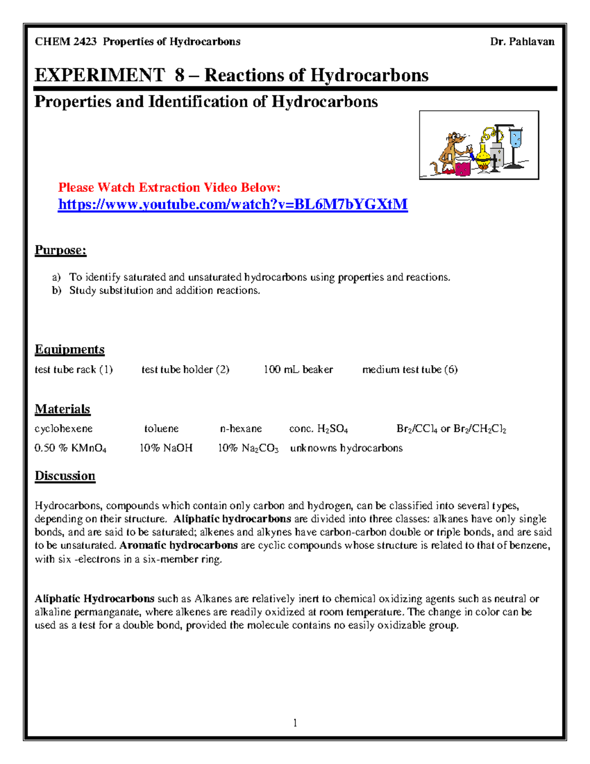 Experiment 8 - Properties of Hydrocarbons - EXPERIMENT 8 – Reactions of Hydrocarbons Properties ...