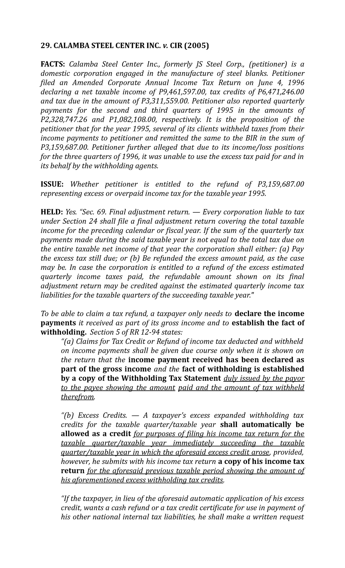 Guide-2 tax guide - CALAMBA STEEL CENTER INC. v. CIR (2005) FACTS ...