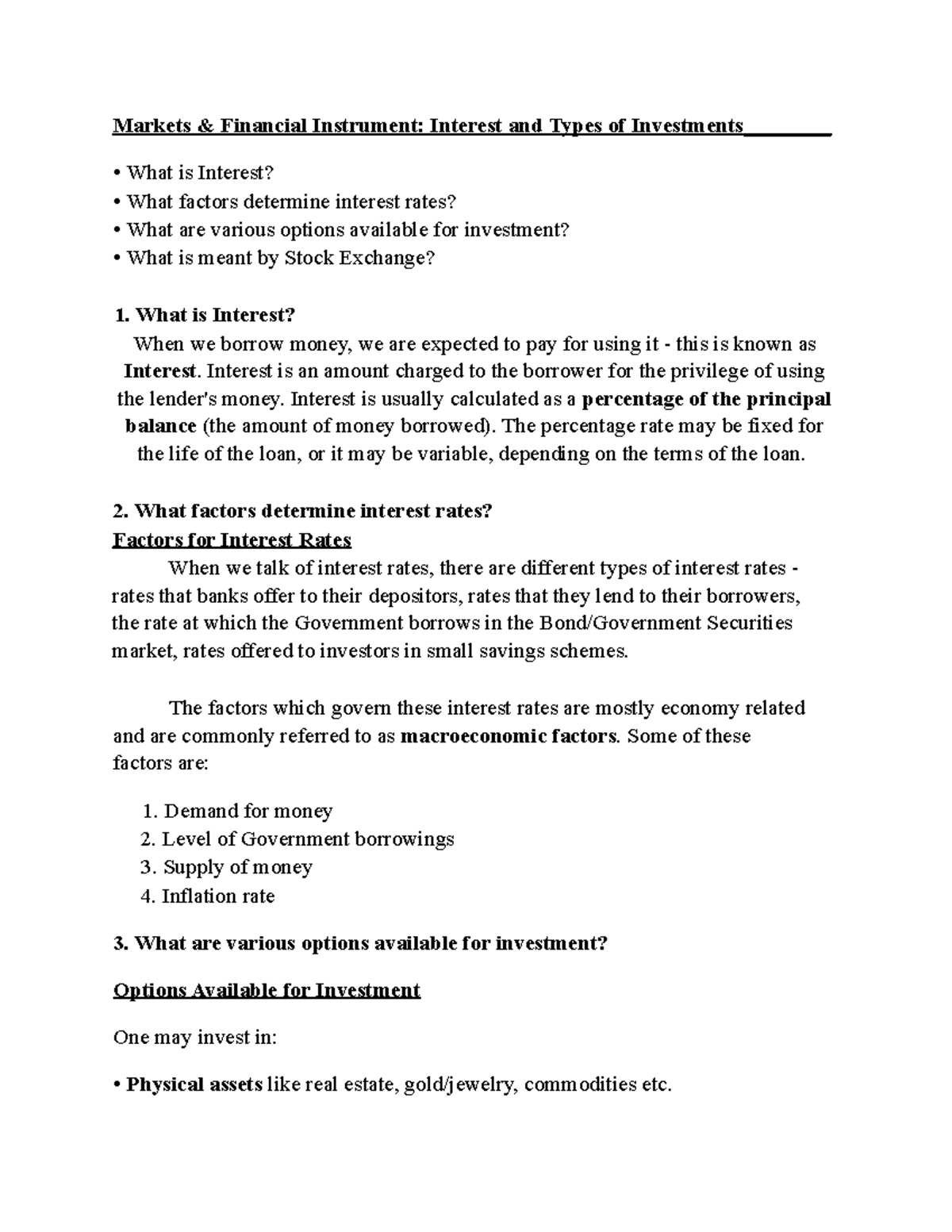 Markets-Financial-Instrument -Interest-and-Types-of-Investments and ...