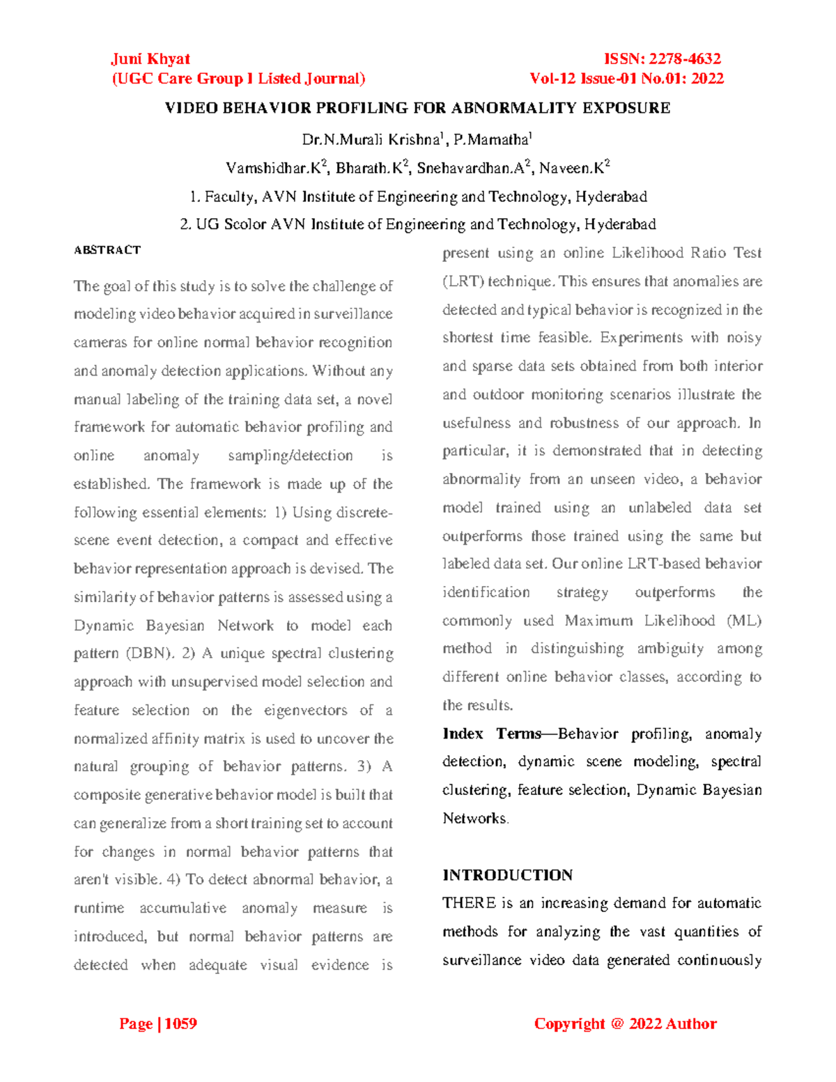 Vamshidhar.K- Video Behavior Profiling FOR Abnormality Exposure - (UGC Care Group I Listed ...