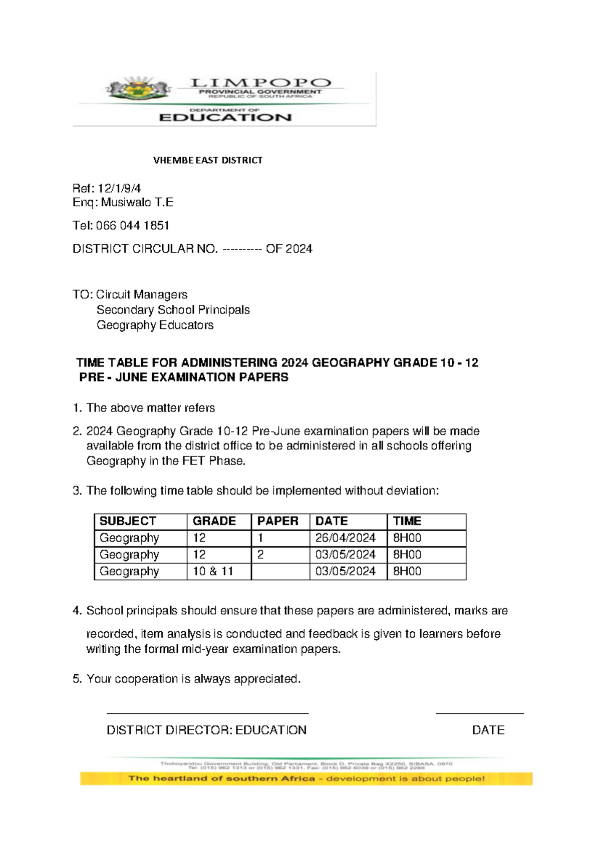 2024 GEOG FET PRE-JUNE EXAM TIME Table - VHEMBE EAST DISTRICT Ref: 12/1/9/ Enq: Musiwalo T Tel ...