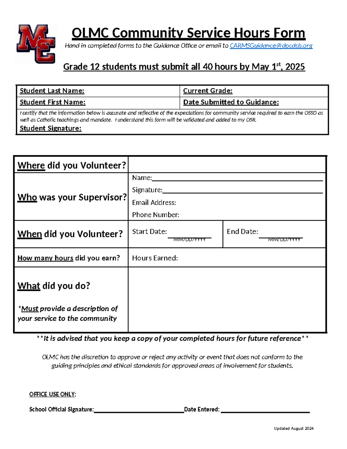 Community Service Form 2024-2025 - Updated August 2024 OFFICE USE ONLY ...