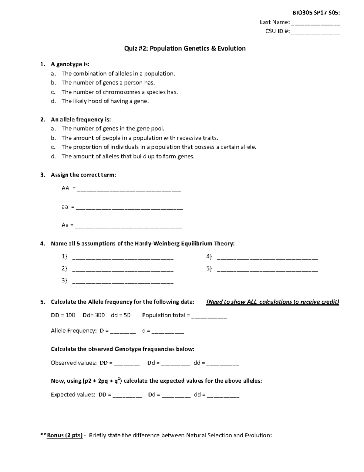 Population Biology Quiz 3 - BIO305 SP17 S05: Last Name ...