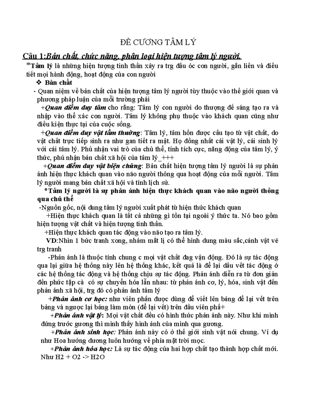 ĐỀ CƯƠNG TÂM LÝ - gghggg - ĐỀ CƯƠNG TÂM LÝ Câu 1:Bản chất, chức năng ...