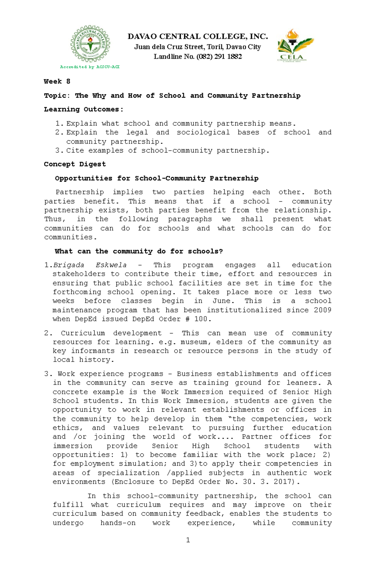 Week 8 - LEARNING MATERIALS - Accredited by ACSCU-ACI Juan dela Cruz ...