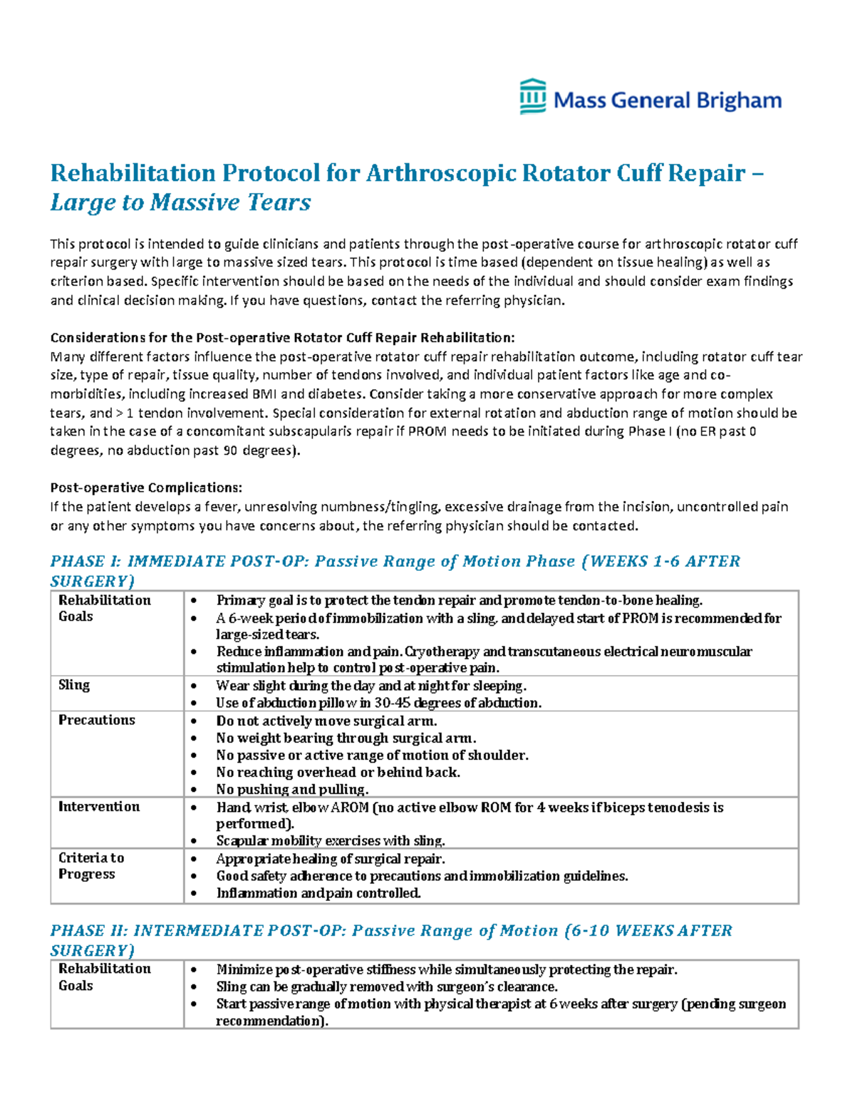 Rehabilitation protocol for rotator cuff tear large to massive tear ...