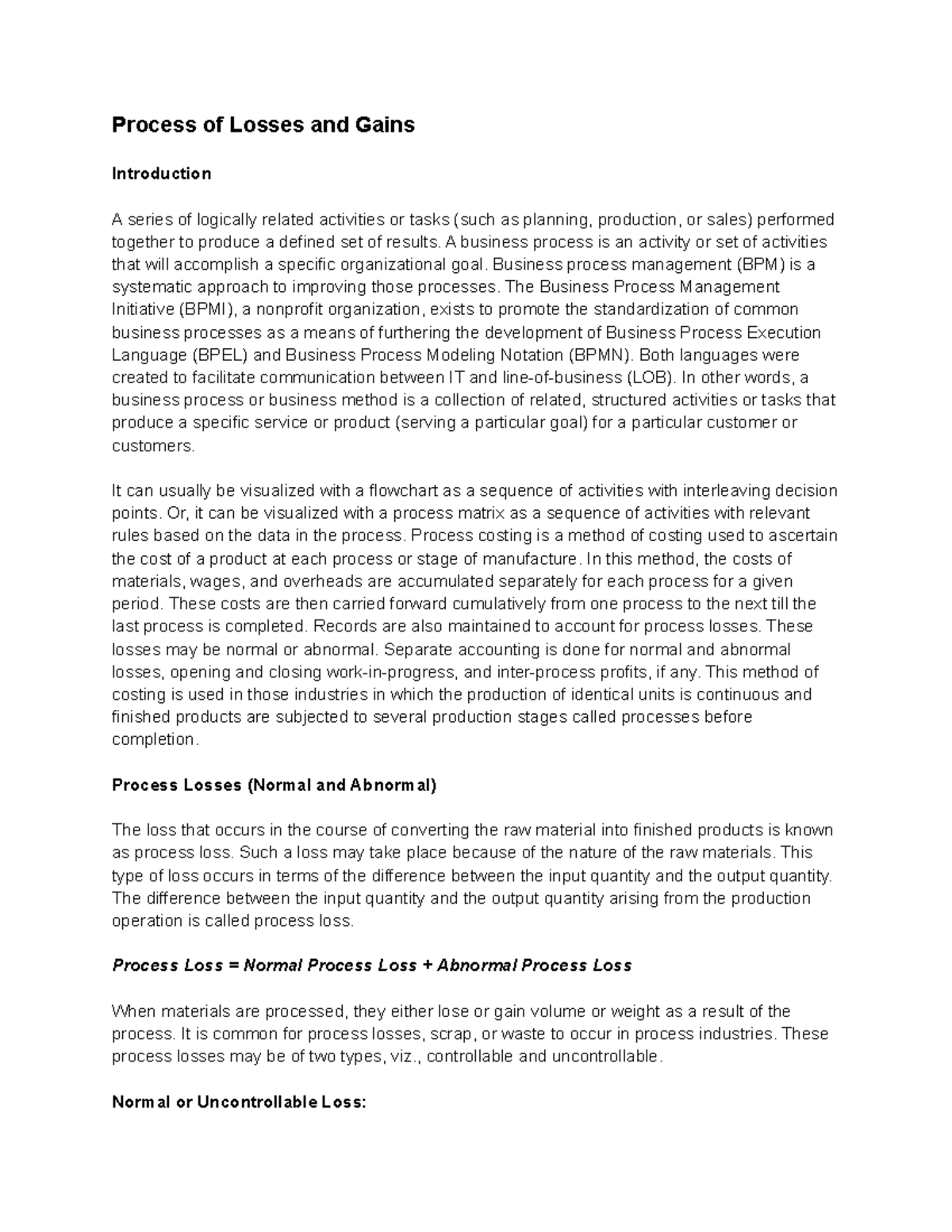 Process of Losses and Gains - Process of Losses and Gains Introduction ...