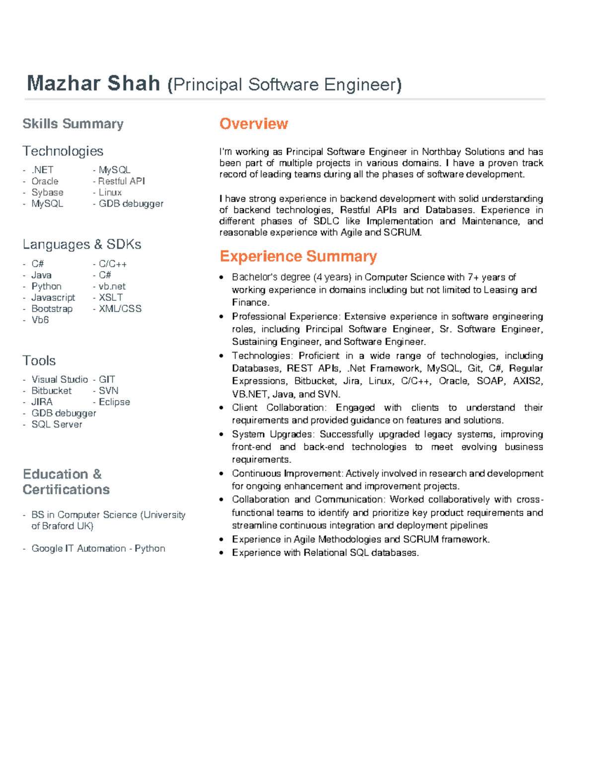 Resume Mazhar - Mazhar Shah (Principal Software Engineer) Overview I’m working as Principal ...