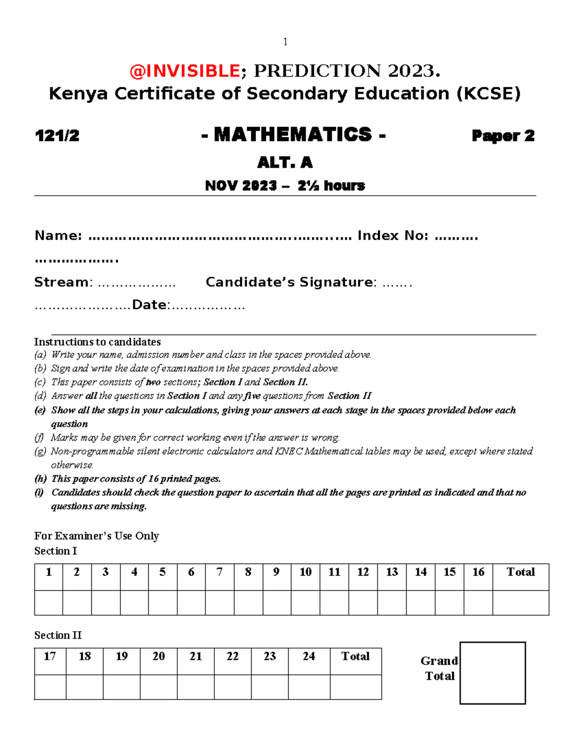 mathematics p2 revision paper - @INVISIBLE; PREDICTION 2023. Kenya Certificate of Secondary ...