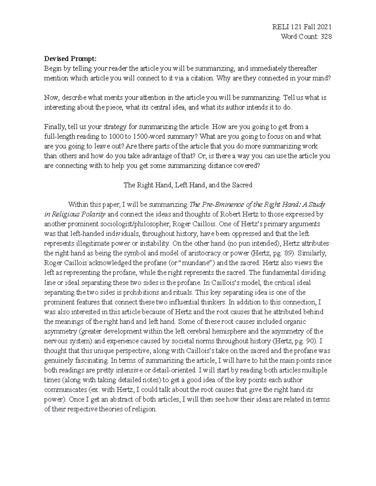 Week 8 Recitation Paper - RELI 121 Fall 2021 Word Count: 328 Devised ...