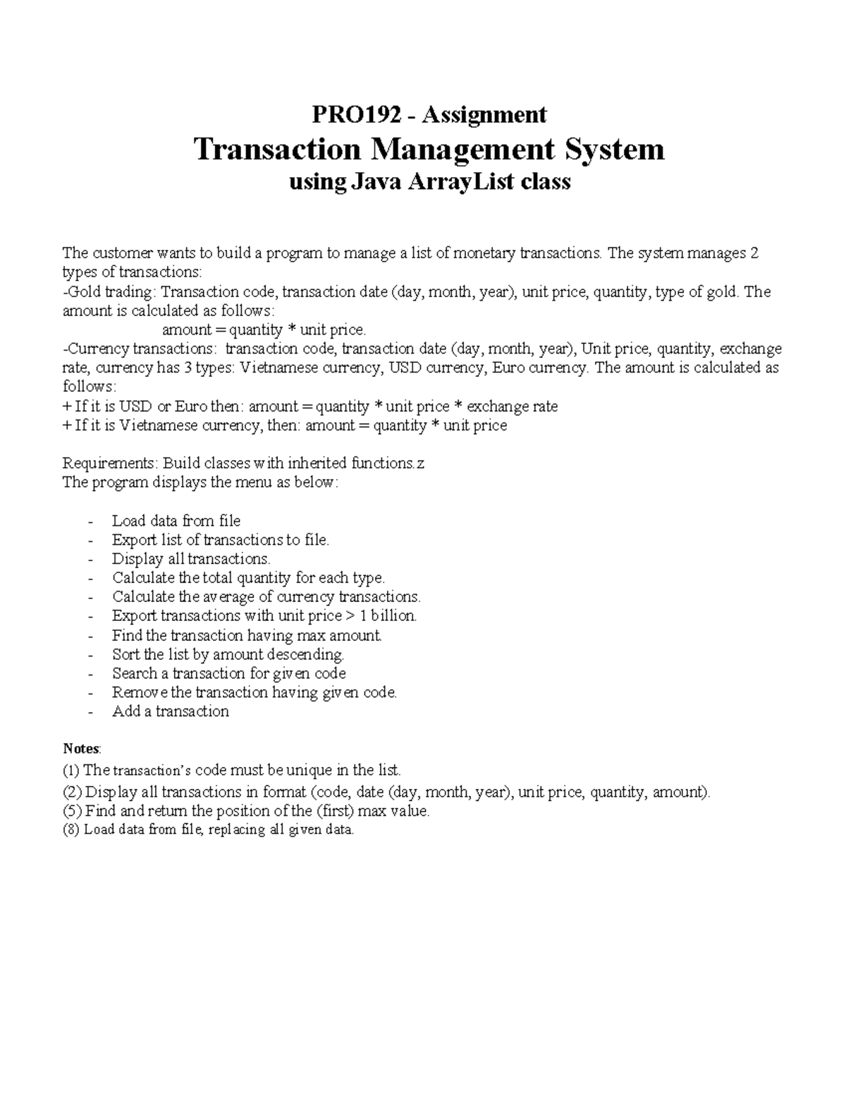 AS requirements - assignment pro192 - PRO192 - Assignment Transaction Management System using ...