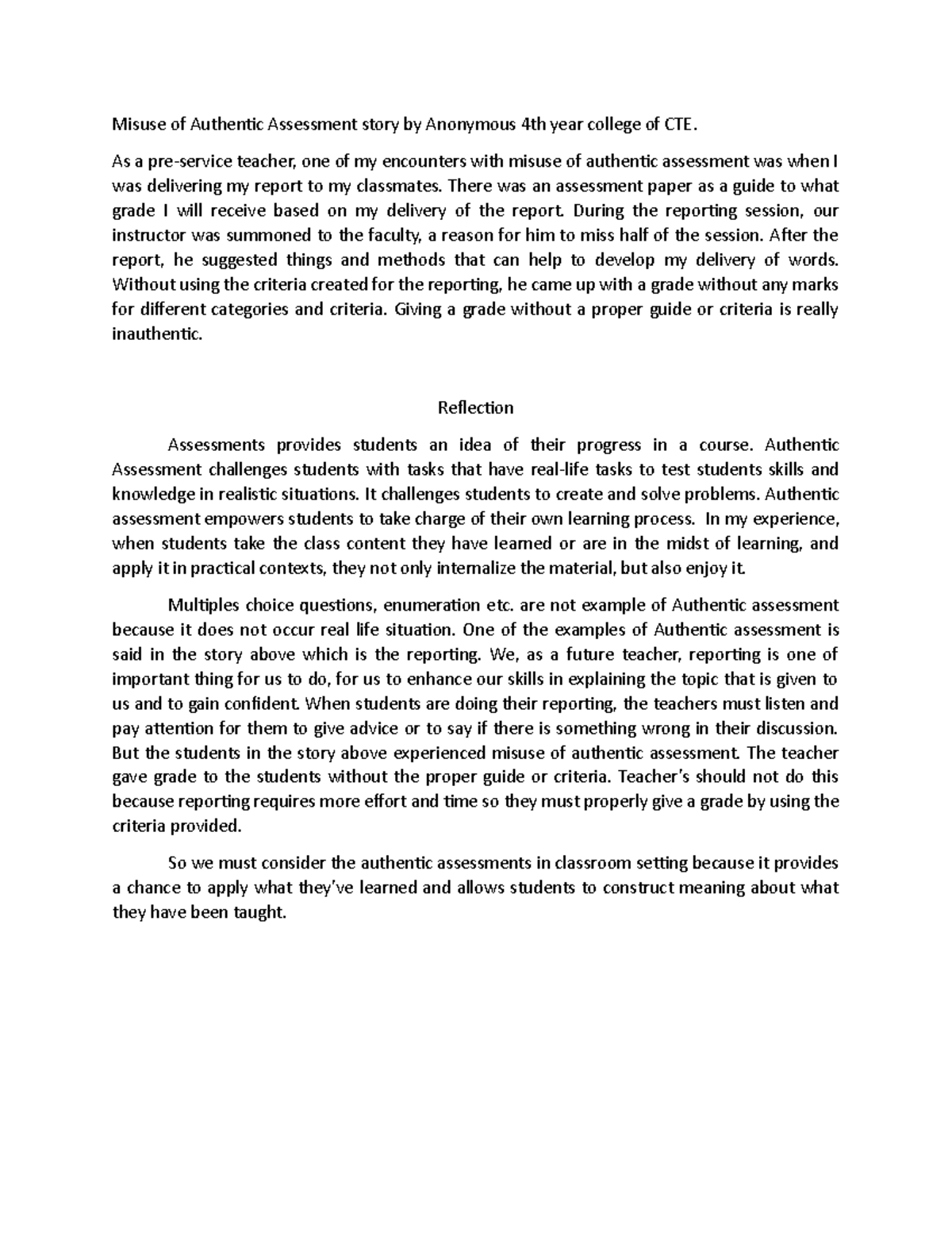 Story and reflection of Athentic Assessment - Misuse of Authentic ...