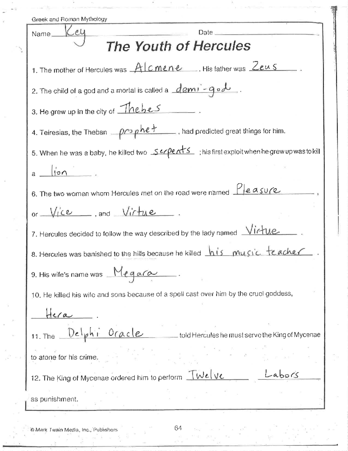 Hercules Story Key - Lecture notes - HUMA 1105 - Studocu