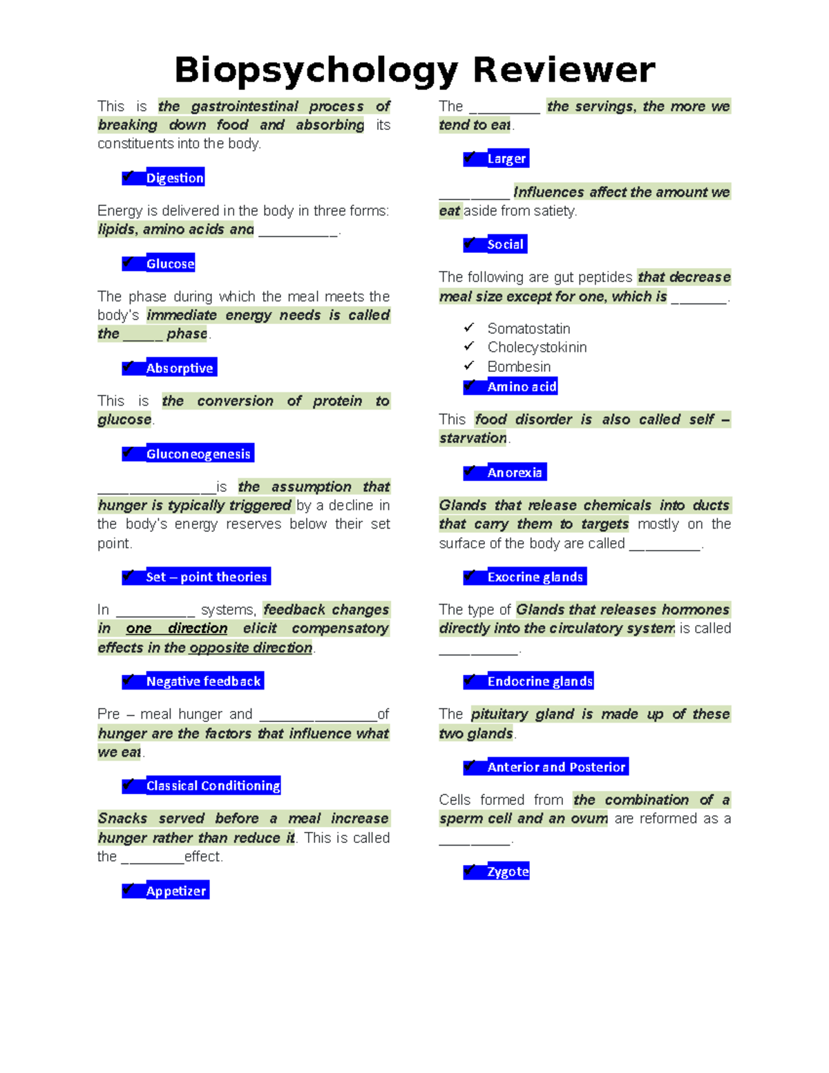 Biopsychology reviewer finals - Biopsychology Reviewer This is the ...